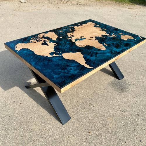 Marshbeck Elm World Map Coffee Table Galactic Blue | Marshbeck
